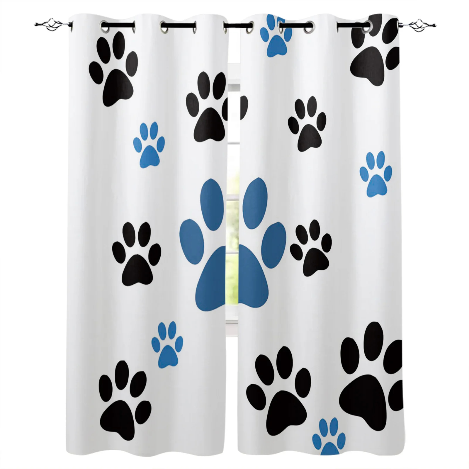 2pcs Dog Paw Black Paw Print Puppy Grey Footprint Window Curtains ...