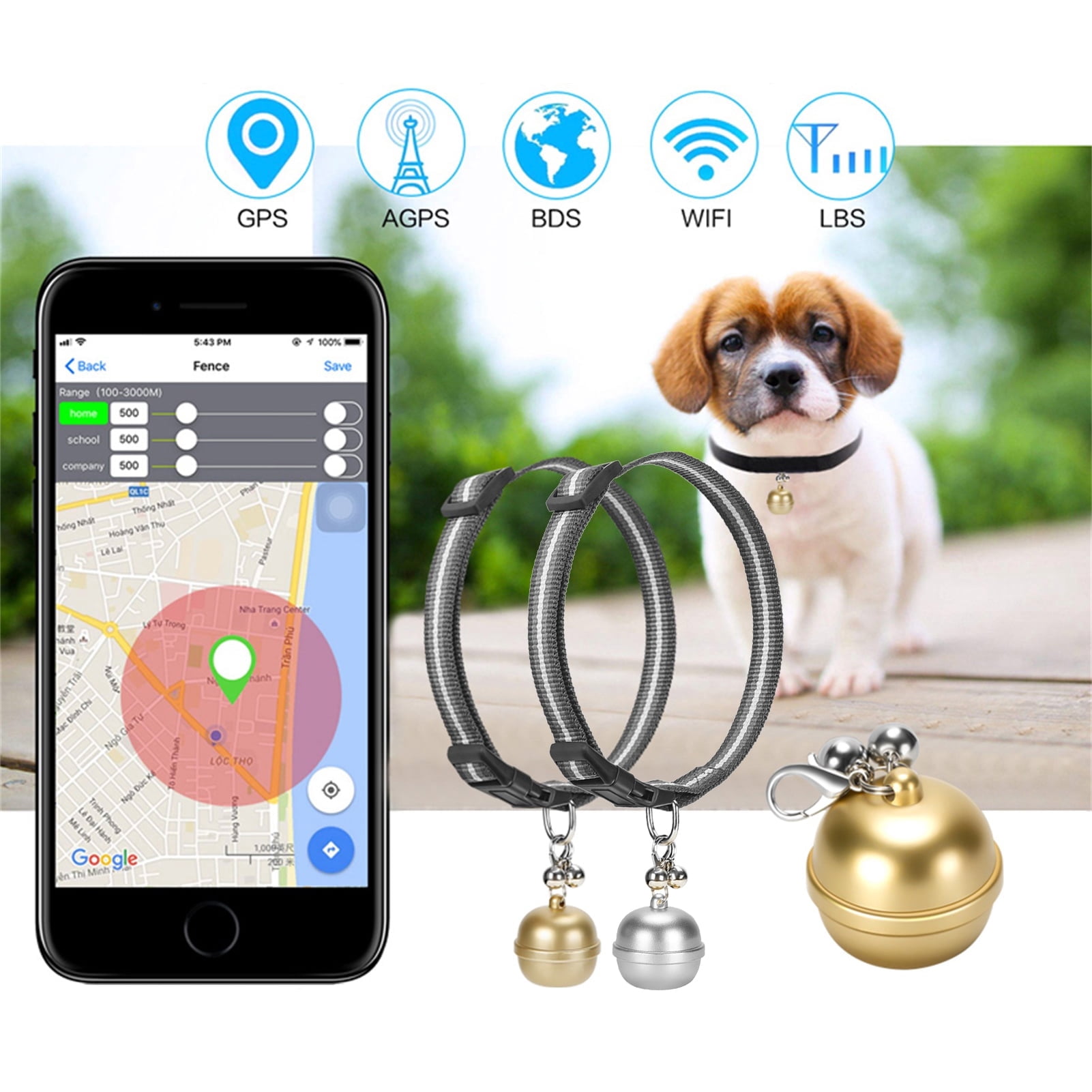 2pcs Dogs Cats Pet Bell Tracker GPS Locator Accurate Positioning Collar ...