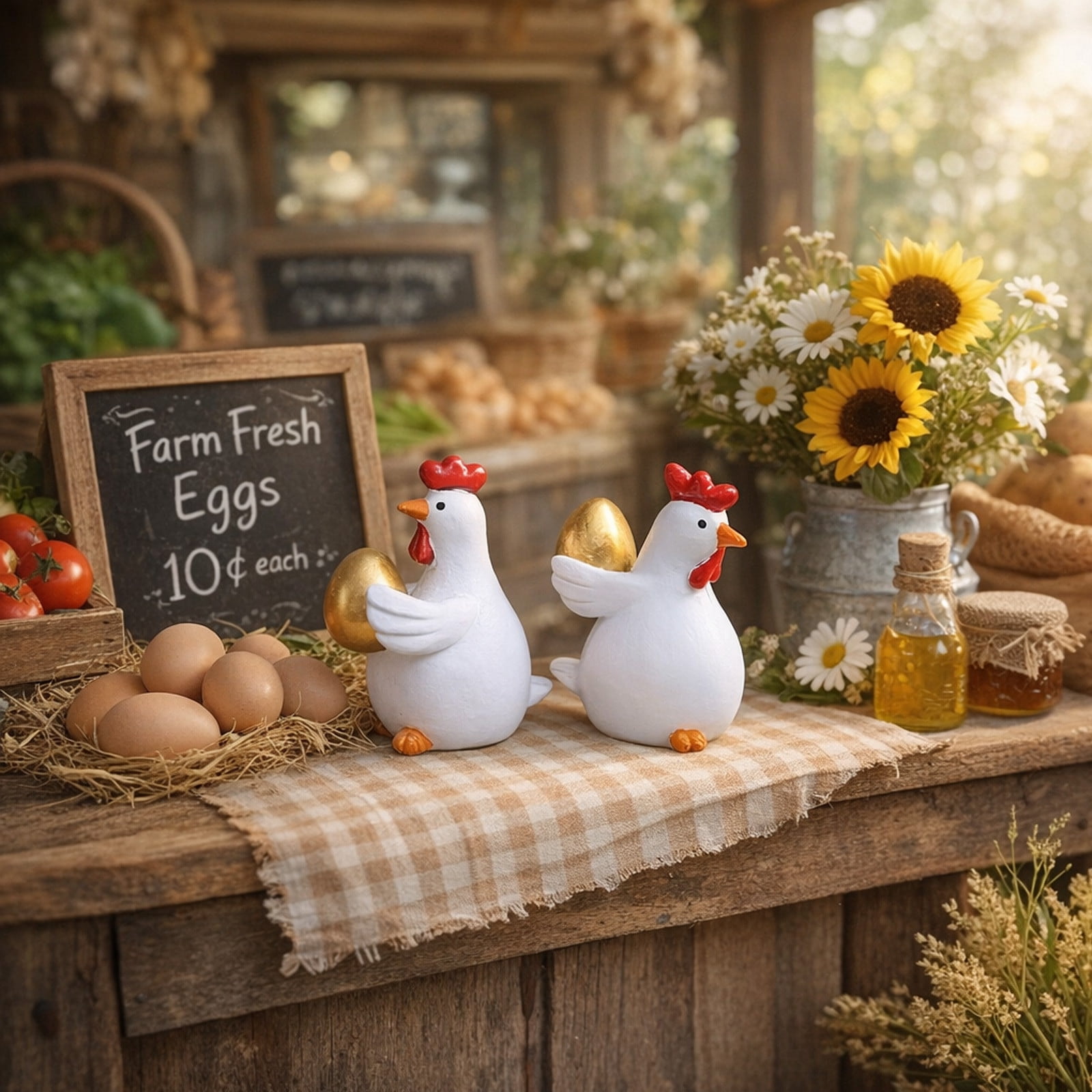 2pcs Easter Glitter Chicken Statue Set - Adorable Rabbit Figurines ...