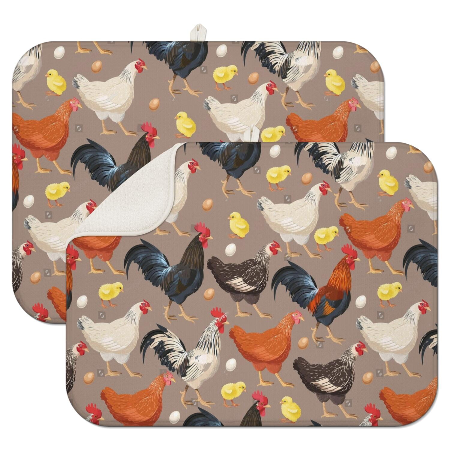 2pcs Egg Cartoon Farm Chicken Print Kitchen Drying Mat, Super Absorbent ...