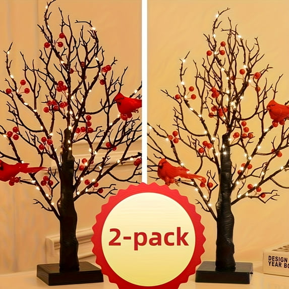 2pcs Elegant 24" LED Lighted Bonsai Trees with Red Berries And Cardinal ...