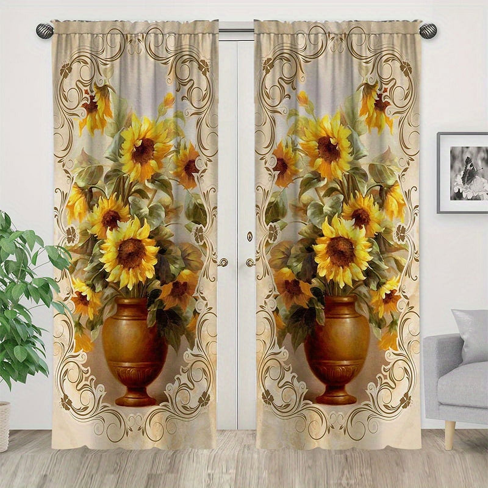 2pcs Elegant Golden Peacock Printed Pattern Curtain Grommet Top Curtain ...