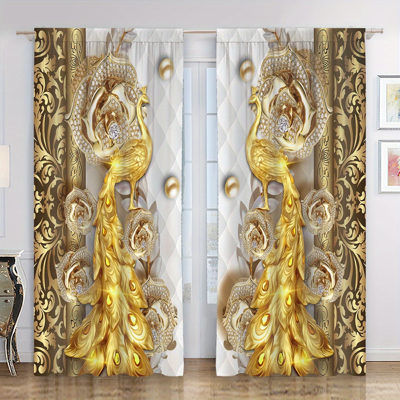 2pcs Elegant Golden Peacock Printed Pattern Curtain Grommet Top Curtain ...