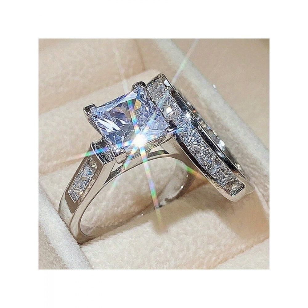 2pcs Elegant Square Cubic Zirconia Ring Set In Silvertone For Women ...