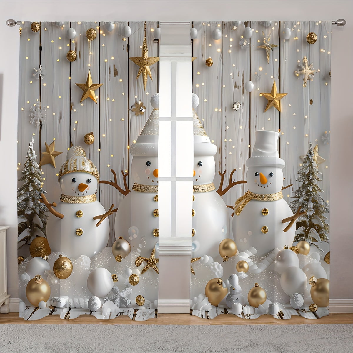 2pcs Elegant White and Golden Curtains with Snowmen & Trees - Rod ...