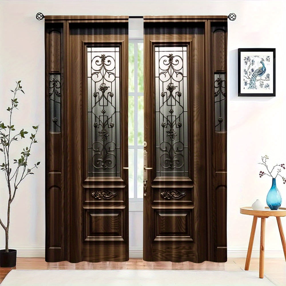2pcs Elegant Wooden Door Print Curtains with Rod Pocket Design for ...