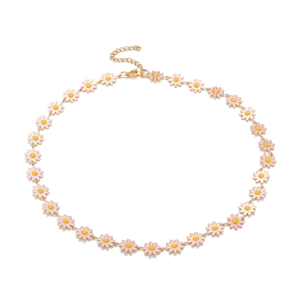 2pcs Enamel Daisy Link Chain Necklace PVD Vacuum Plating 304 Stainless ...