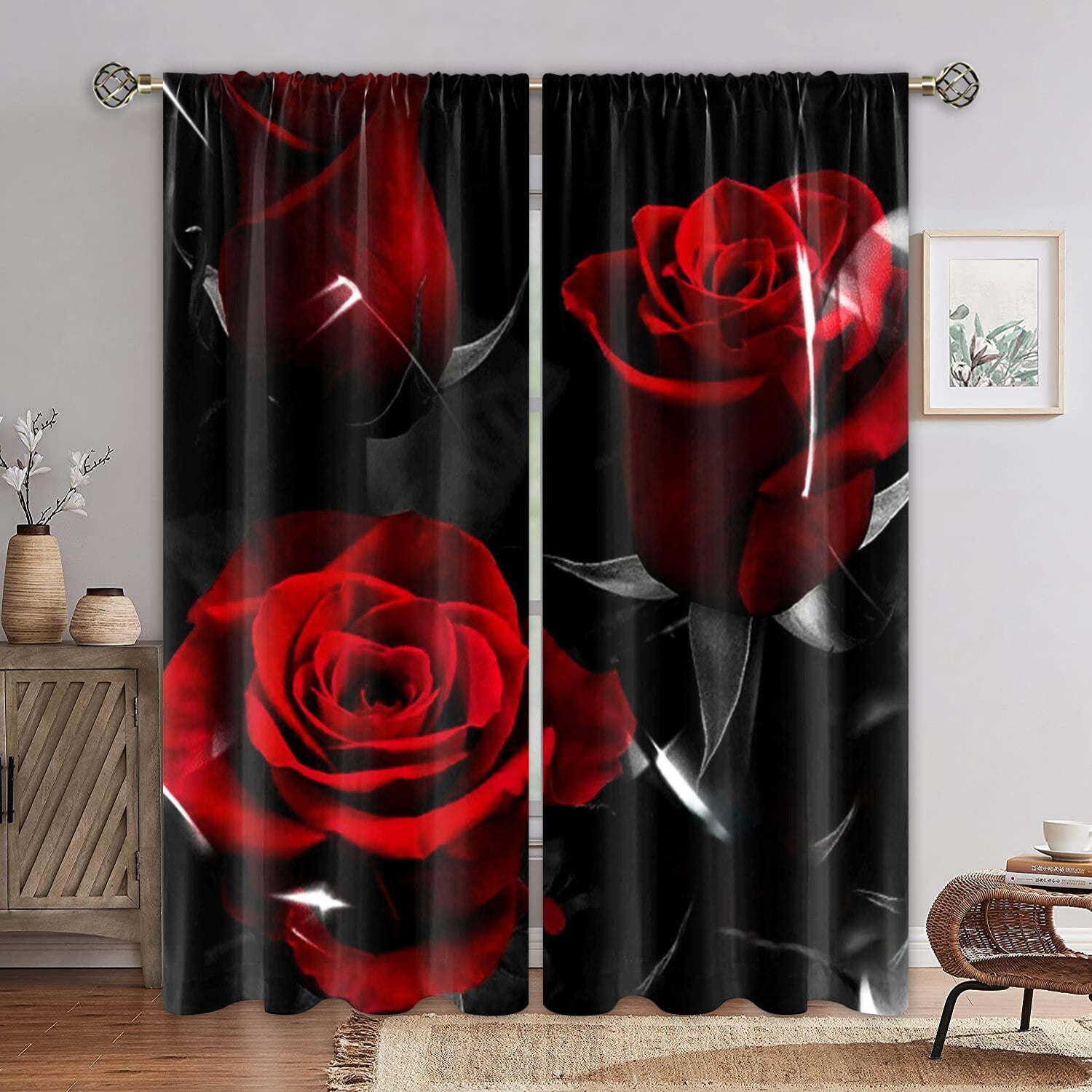 2pcs European Beautiful Flower Curtains for Living Room Blackout Black ...