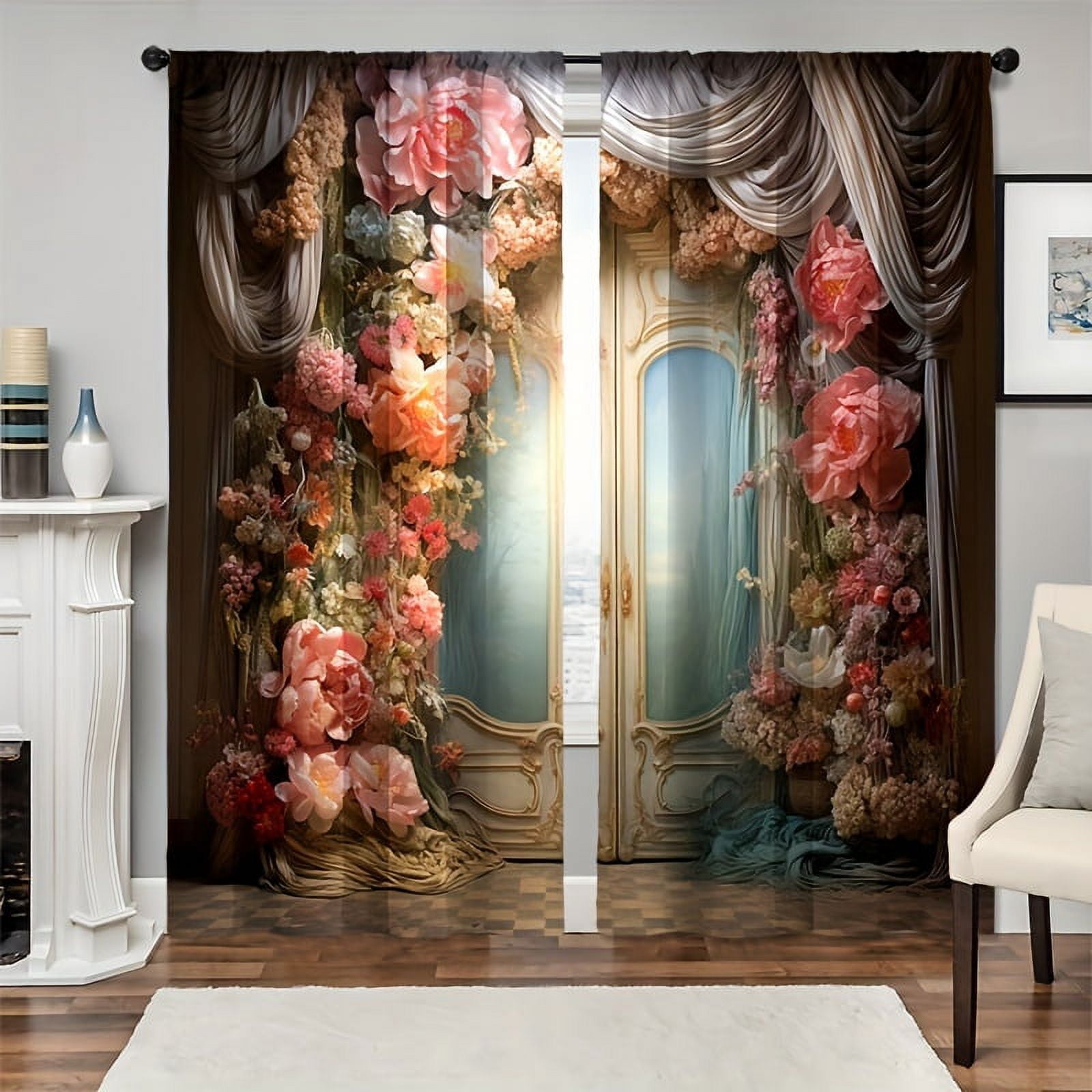 2pcs European Style Retro 3D Printed Translucent Curtains Multi-scene ...