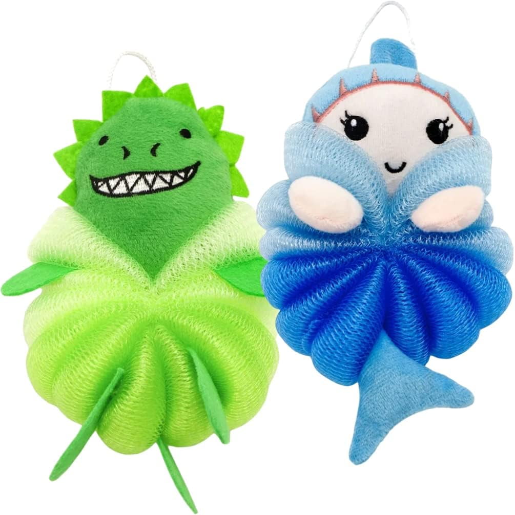 2pcs Exfoliating Bath Sponge Dinosaur Mermaid Body Shower Loofah Mesh ...