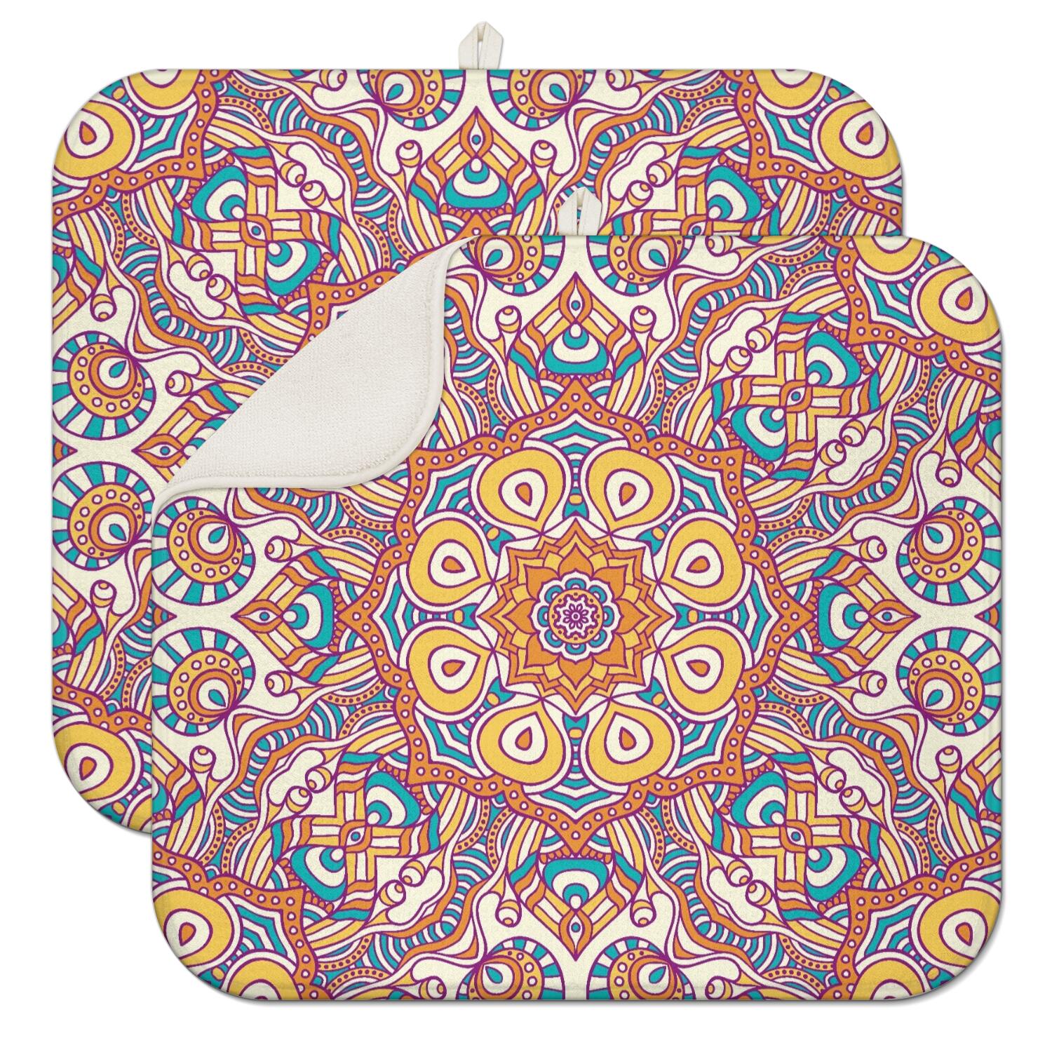 2pcs Exotic Zen Mandala Dish Drying Mat, Boho Chic Design, Multipurpose ...