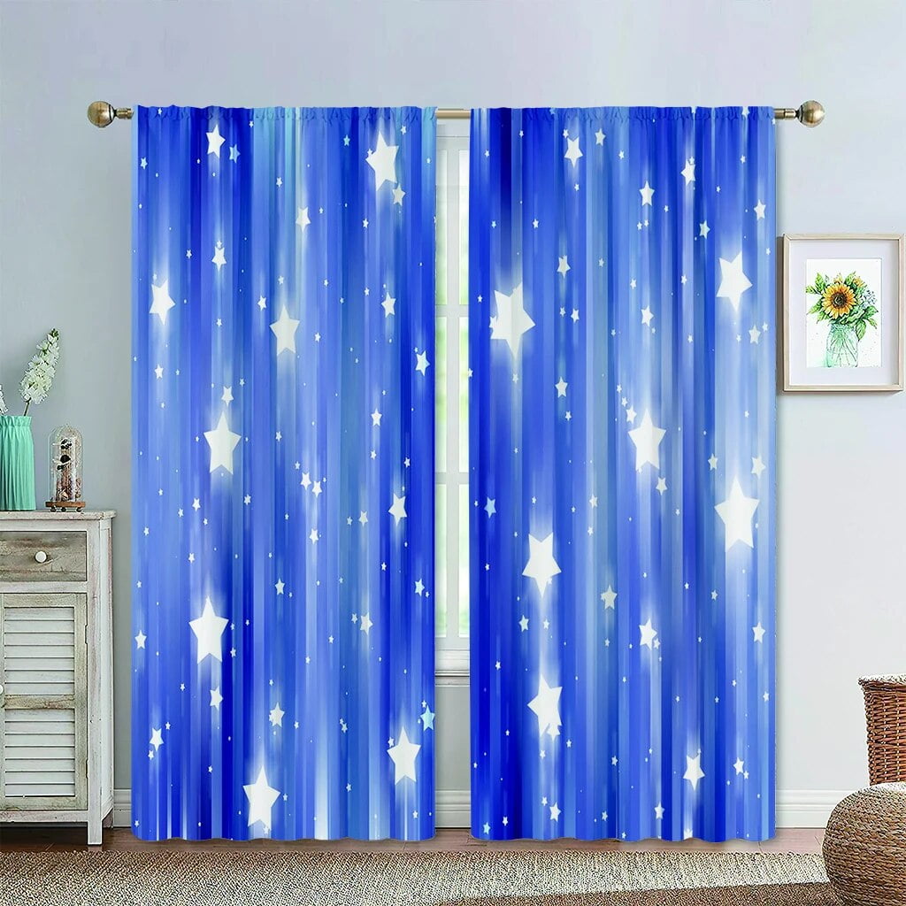2pcs Fantasy Blue Night Starry Sky Printed Window Curtain - Rod Pocket ...