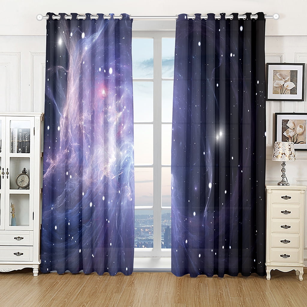 2pcs Fantasy Blue Night Starry Sky Printed Window Curtain - Rod Pocket ...