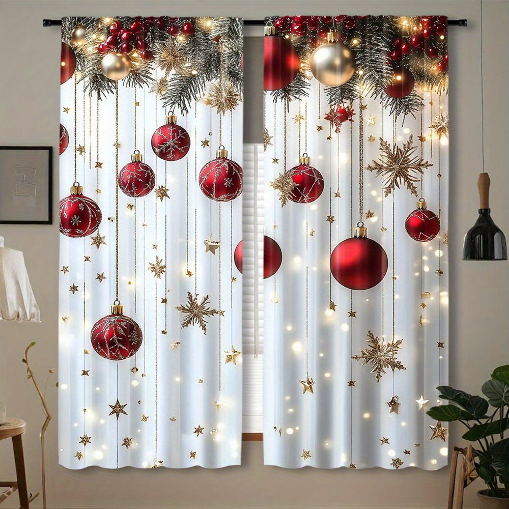 2pcs Festive & Bell Curtain Set - Vibrant Polyester Drapes with Rod ...