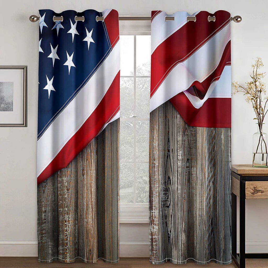 2pcs Flag Texture American Vintage Print Curtain Rod Pocket Curtains ...