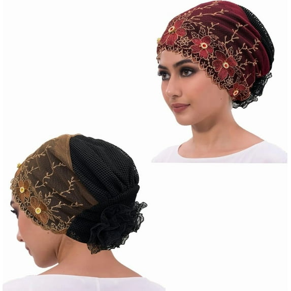 2pcs Floral Embroidered Turban Cap for Women Muslim Lady Wrap Head ...