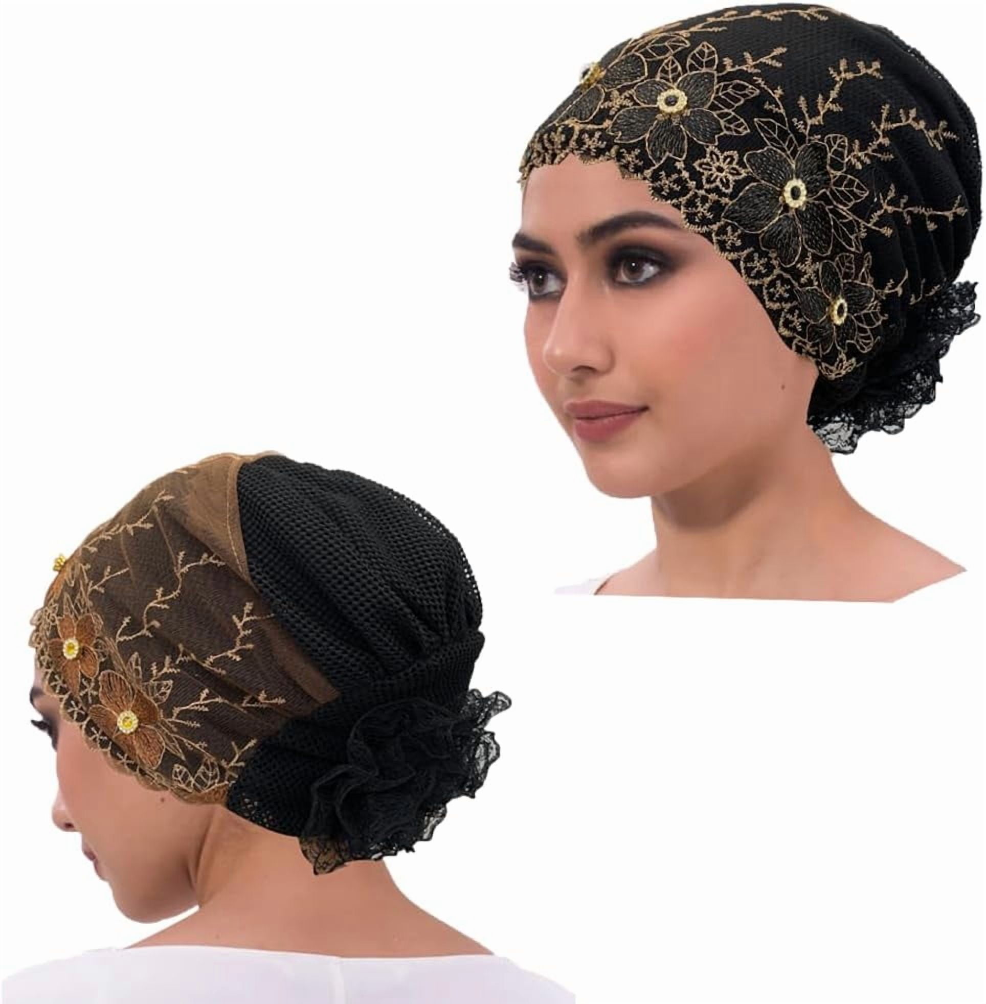 2pcs Floral Embroidered Turban Cap for Women Muslim Lady Wrap Head ...