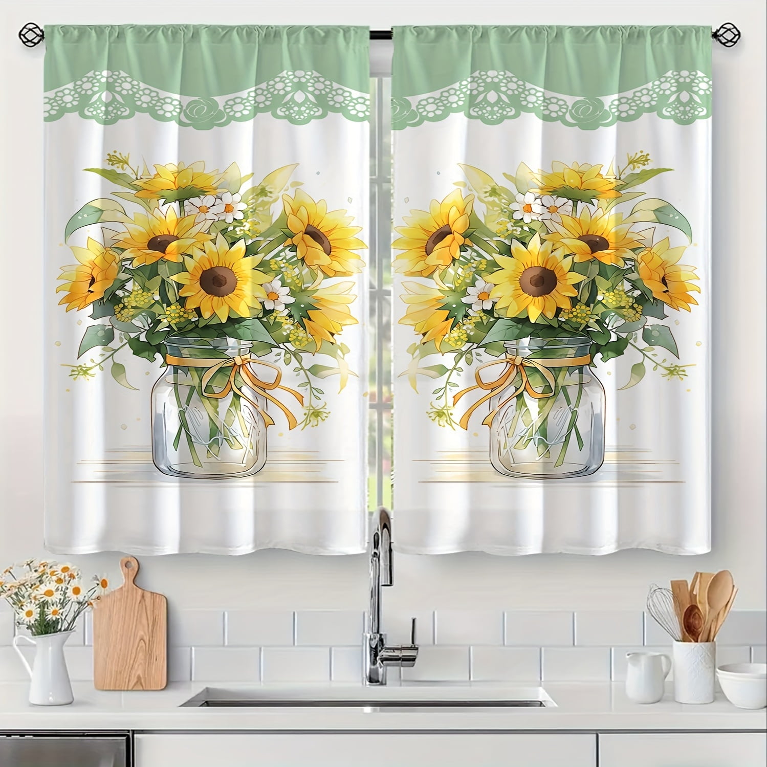 2pcs Floral Vase Pattern Curtains rative Window Drapes Window ...