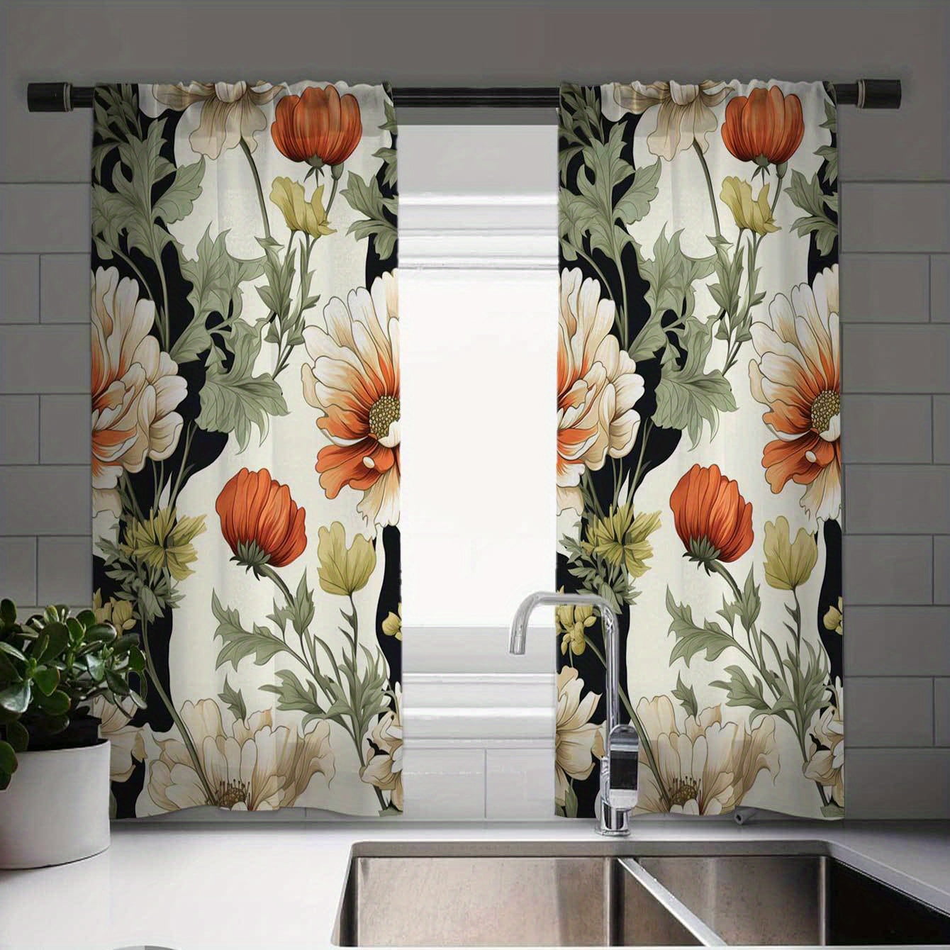 2pcs Flower Leaves Printed Semi-Sheer Curtain Light Filtering Curtains ...
