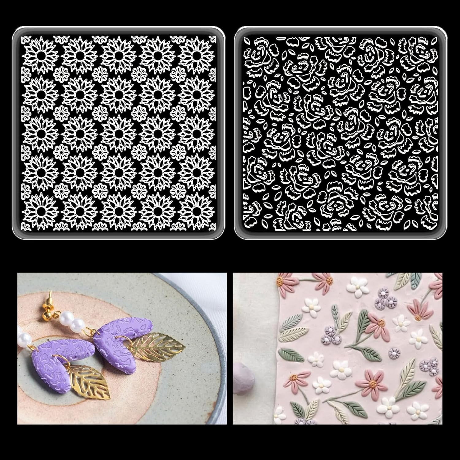 2pcs Flower Pattern Clay Texture Sheets Acrylic Clay Texture Mat 3.94 Inch Modeling Pad for ...