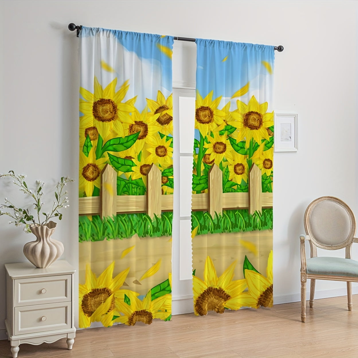 2pcs Flower Pattern Curtains Rod Pocket rative Window Drape Window ...