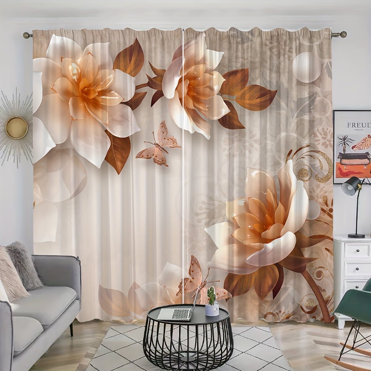 2pcs Flower Pattern Curtains rative Window Drape Window Treatments For ...