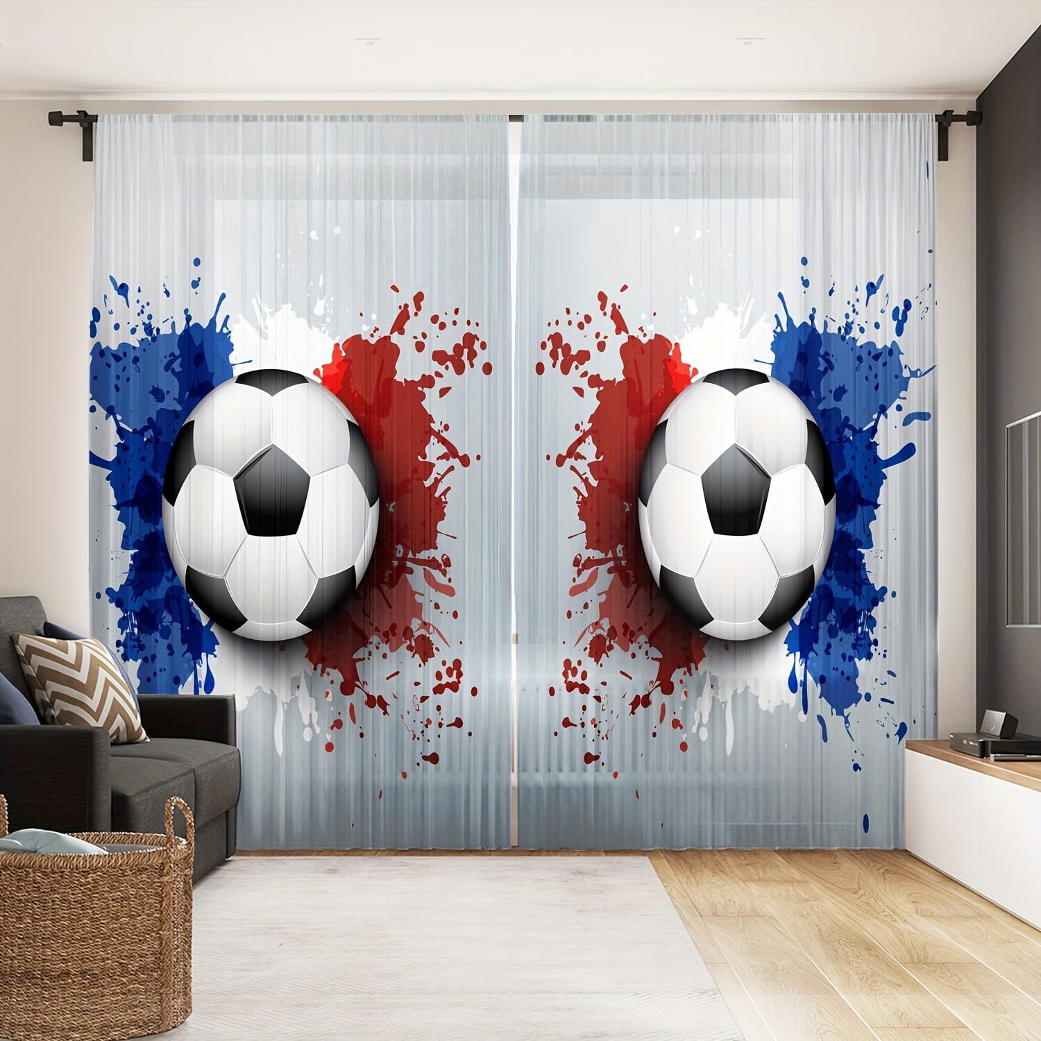 2pcs Football Soccer Patterns Semi Blackout Rod Pocket Curtains For ...