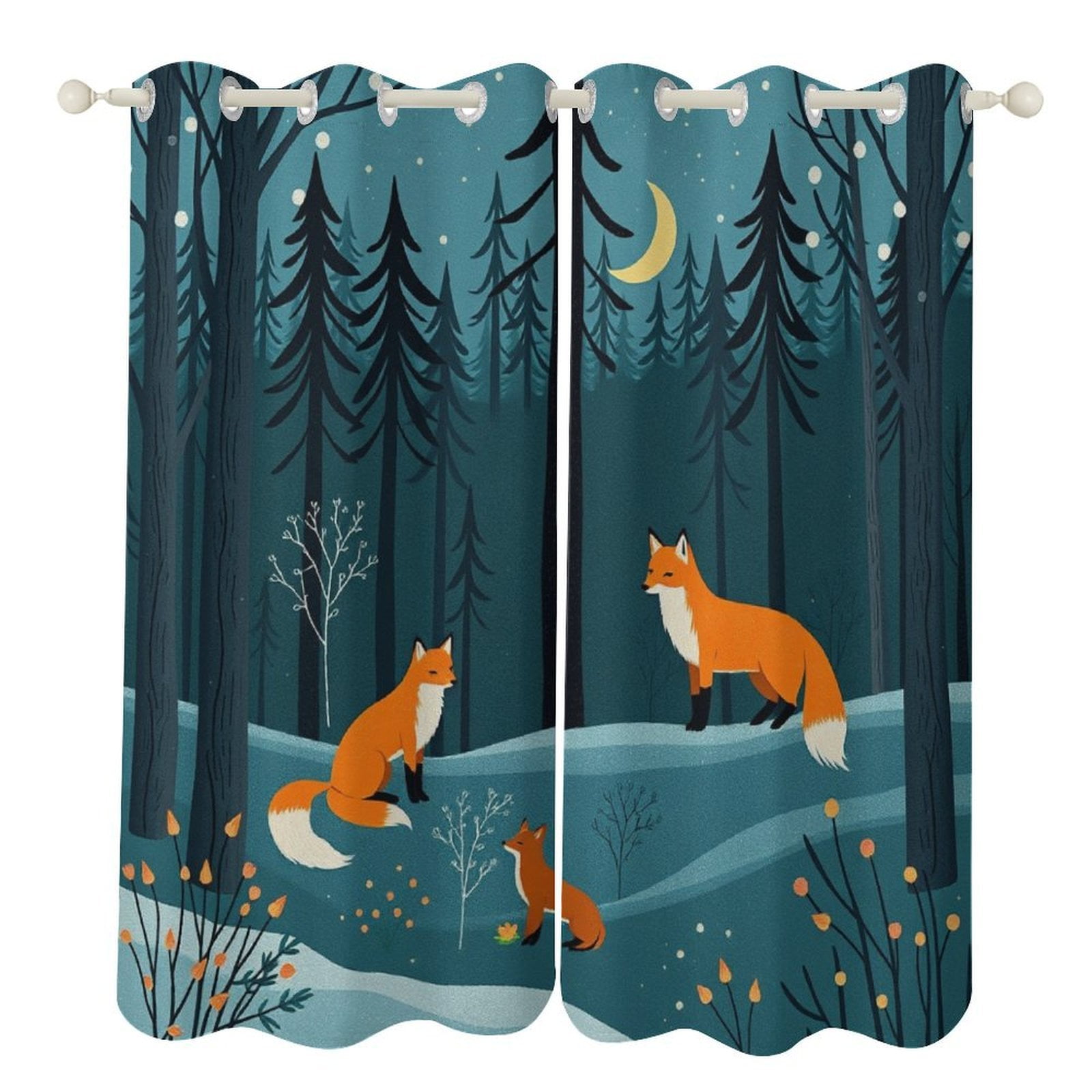 2pcs Fox Family Winter Night Curtains For Living Room Grommet Top ...