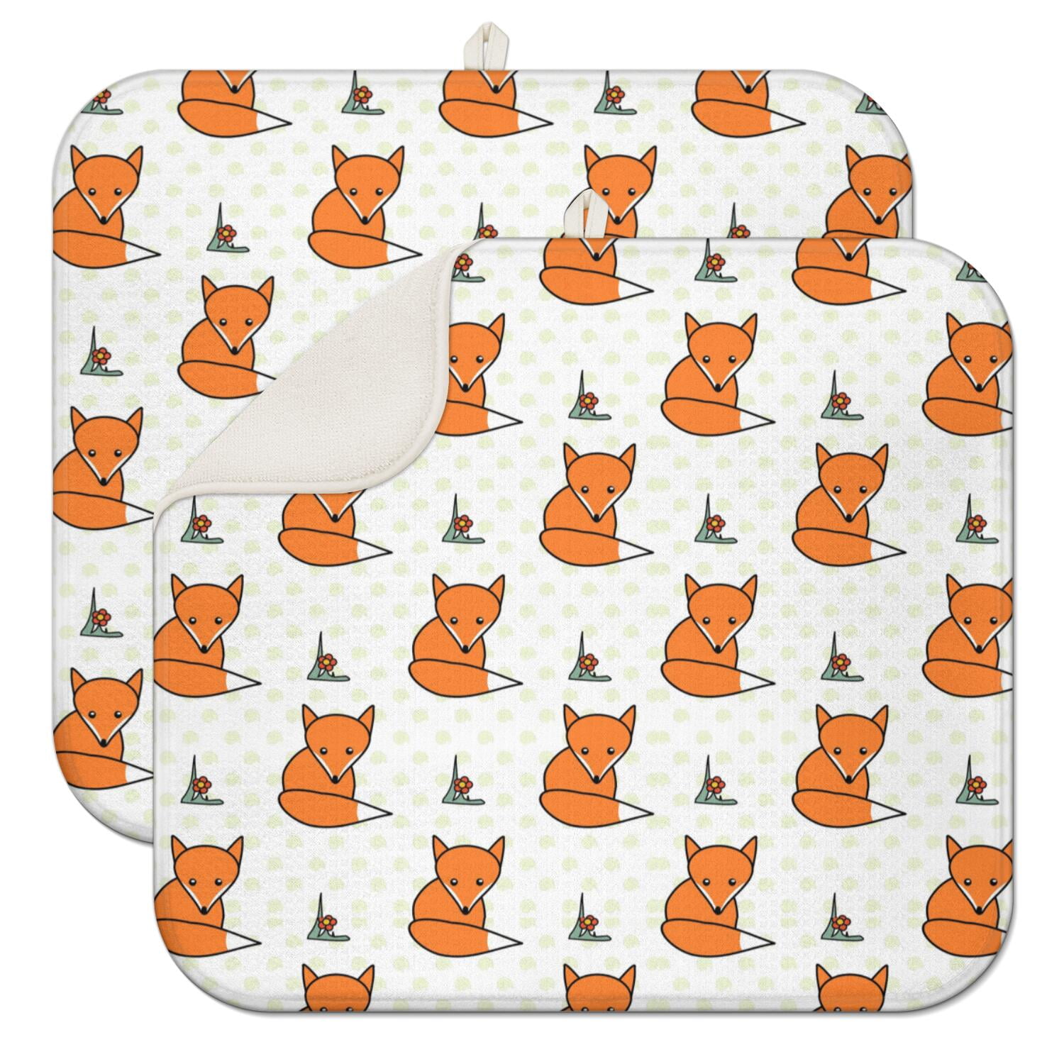 2pcs Foxy Cartoon Drying Mat Set - Cute Fox & Floral Pattern Microfiber ...
