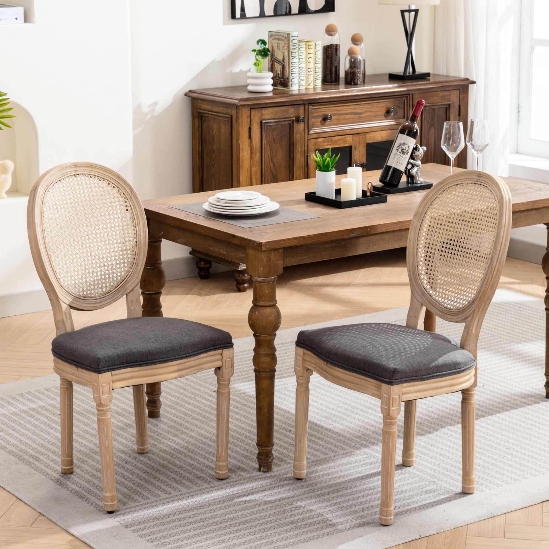 2pcs French Style Dining Seats, Gray Linen Fabric, , Solid Wood Frame ...