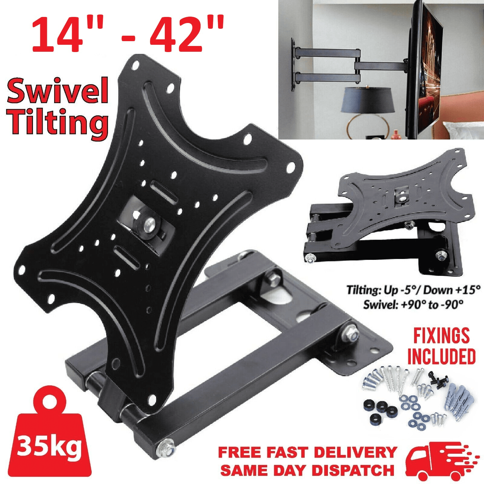 2pcs Full Motion TV Wall Mount Bracket Swivel Tilt 17 26 32 40 42 inch ...