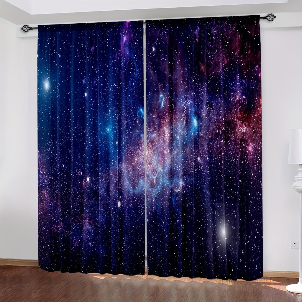 2pcs Galaxy Shining Stars Curtains Rod Pocket Outer Space Starry Sky ...