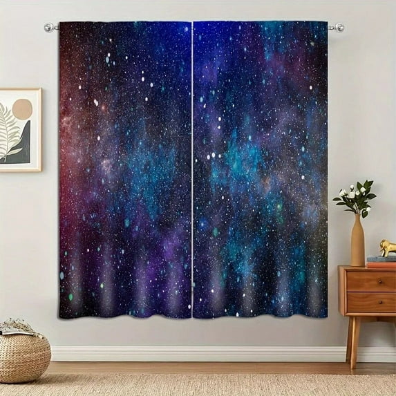 2pcs Galaxy Window Curtains - Starry Sky Rod Pocket Drapes For Kitchen ...