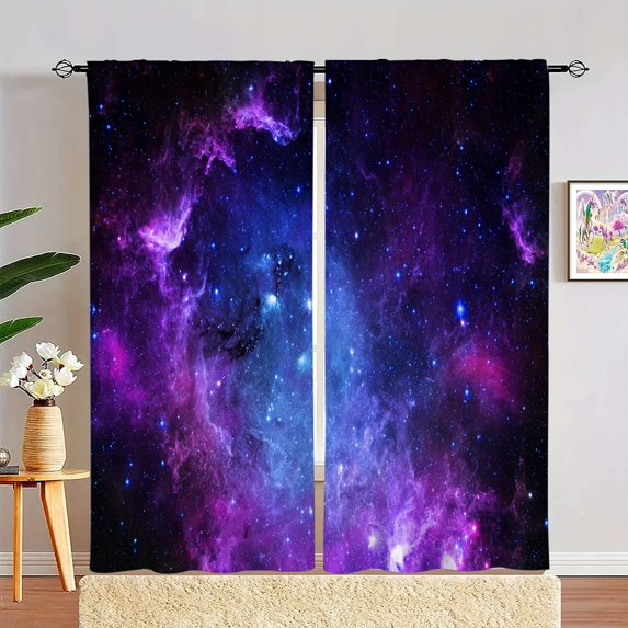2pcs Galaxy Window Curtains - Starry Sky Rod Pocket Drapes For Kitchen ...