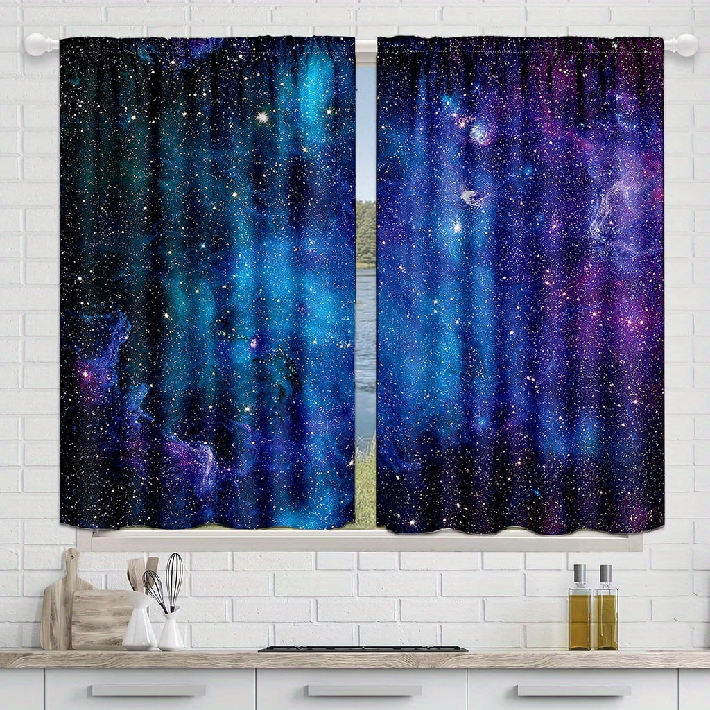 2pcs Galaxy Window Curtains - Starry Sky Rod Pocket Drapes For Kitchen ...