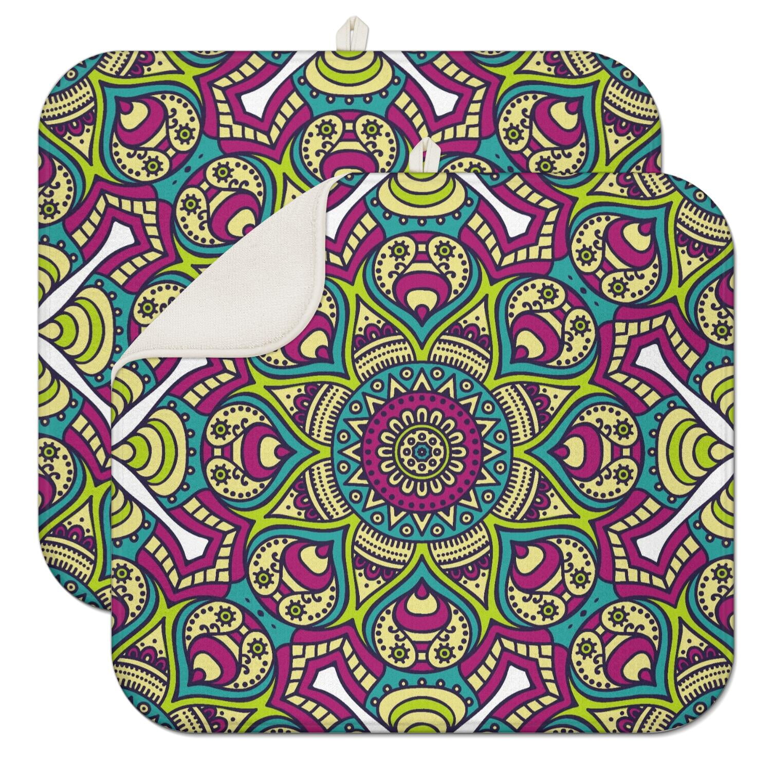 2pcs Geometric Folk Mandala Dish Drying Pad, Vintage Traditional ...