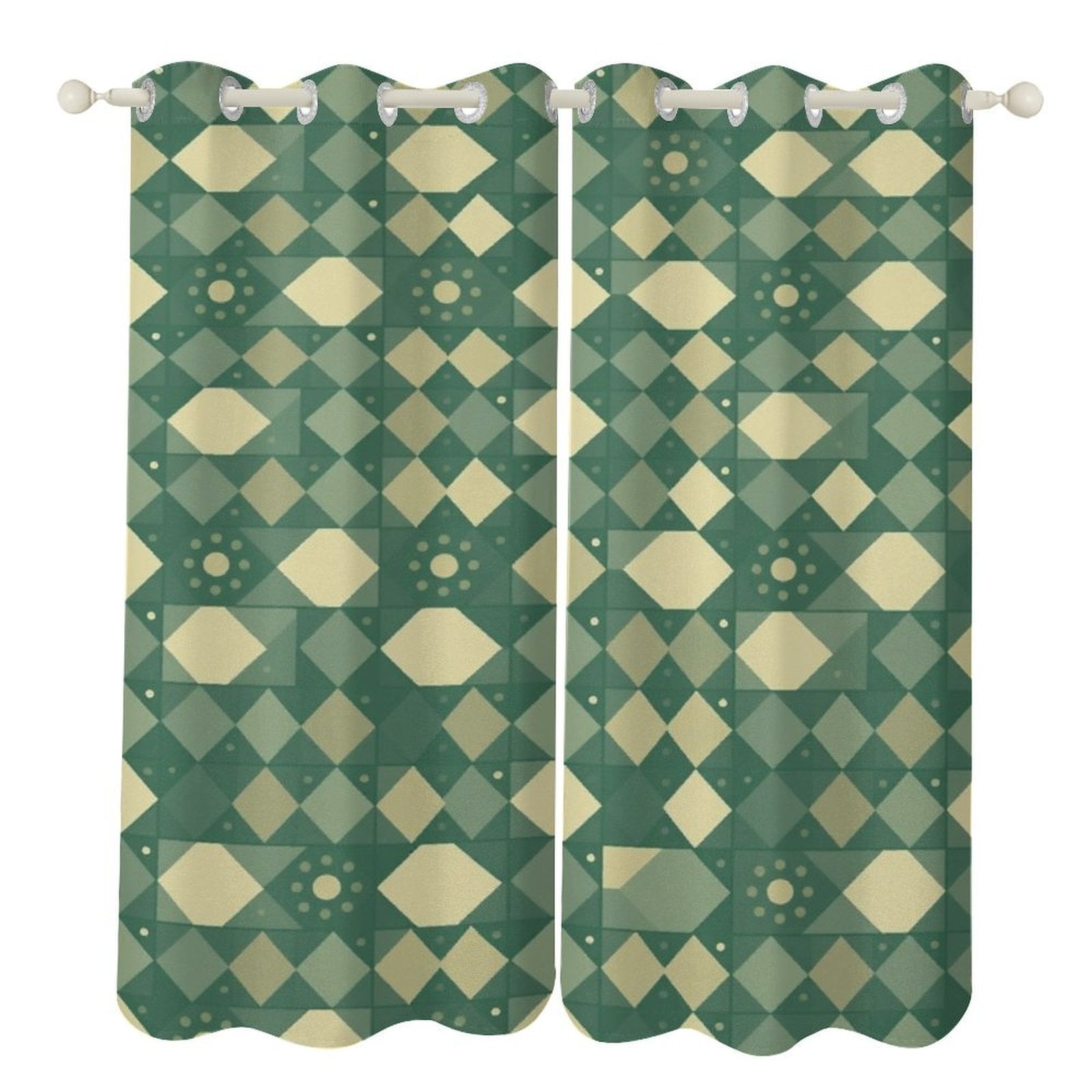 2pcs Geometric Green Pattern Curtains For Living Room Grommet Top ...
