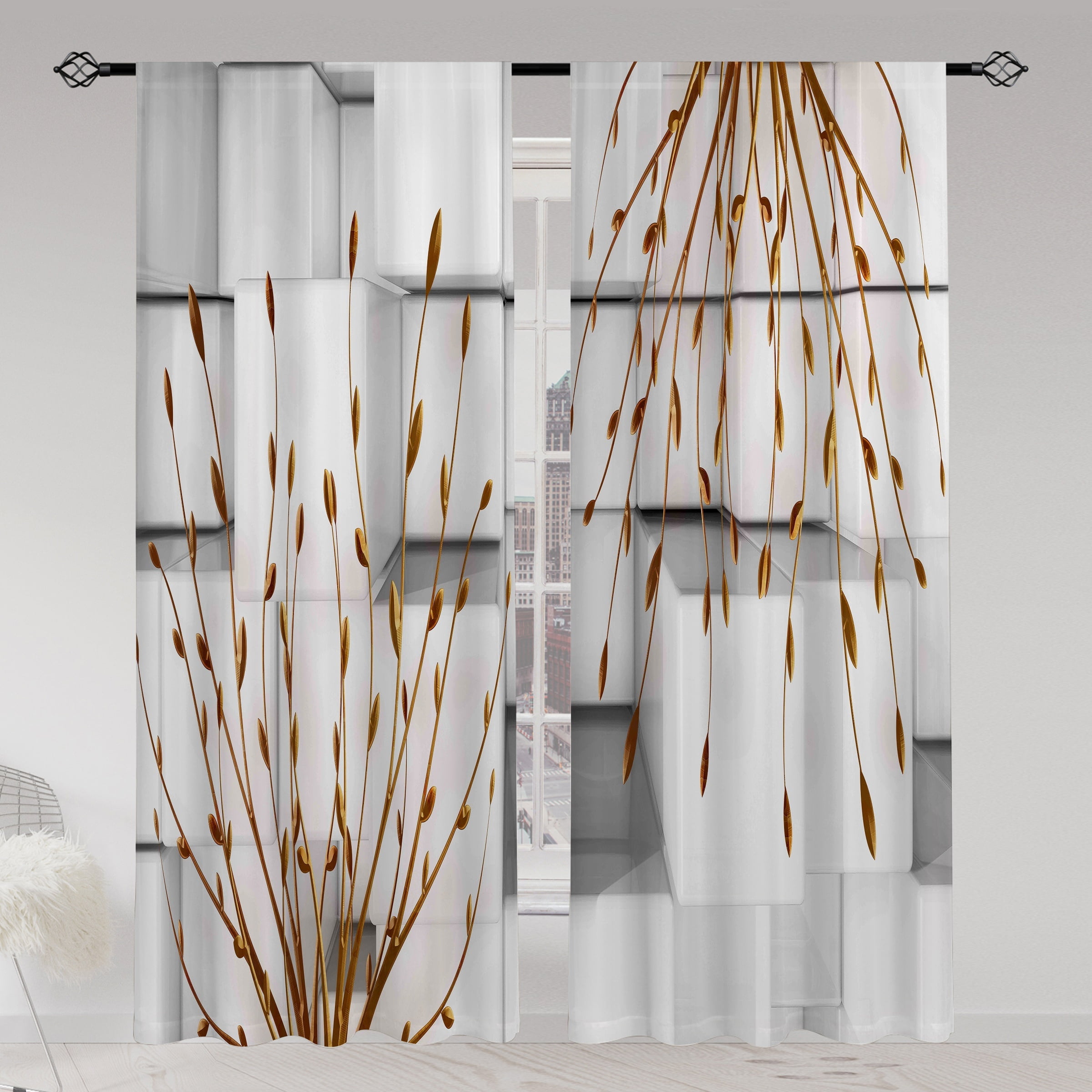 2pcs Geometric Pattern Curtains rative Window Drapes Rod Pocket Window ...