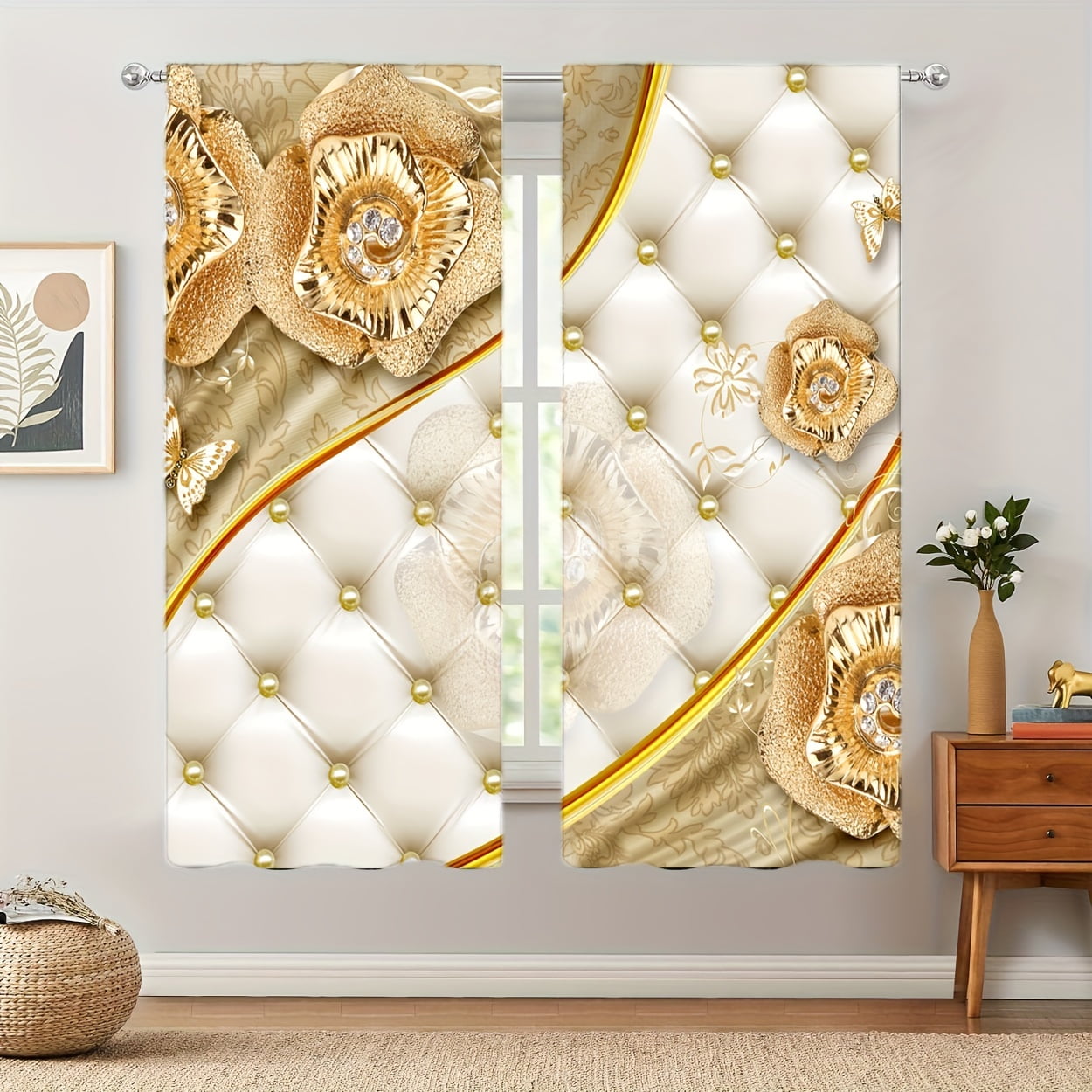 2pcs Golden Peacock Curtain Study Room Kitchen Living Room Rod Pocket ...