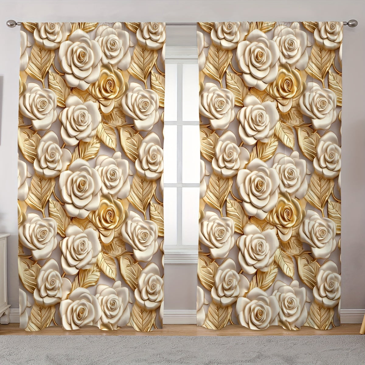 2pcs Gorgeous Golden Rose Flowers Printed Curtain For Home r Rod Pocket ...