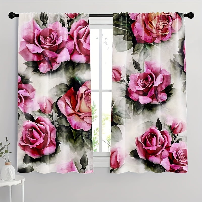 2pcs Gorgeous Golden Rose Flowers Printed Curtain For Home r Rod Pocket ...