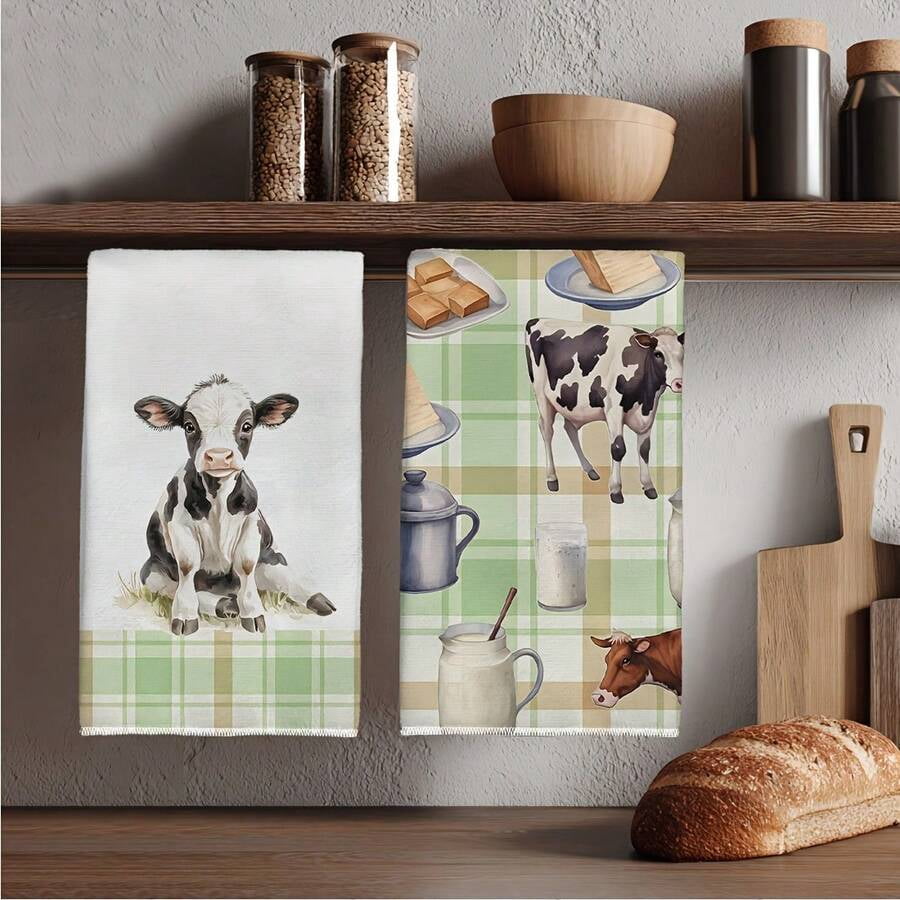 2pcs Green Buffalo Plaid Cow Kitchen Towels - Color 9, Farmhouse Decor ...