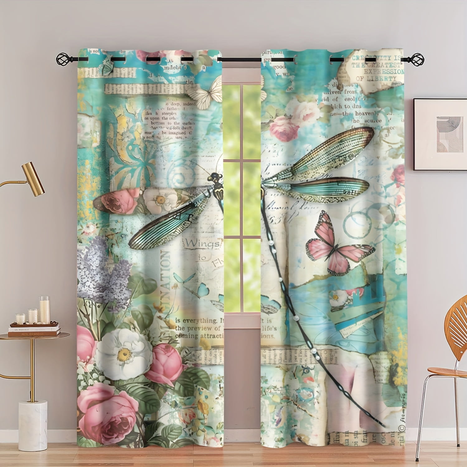 2pcs Green Dragonfly Pattern Curtains rative Window Drapes Window ...
