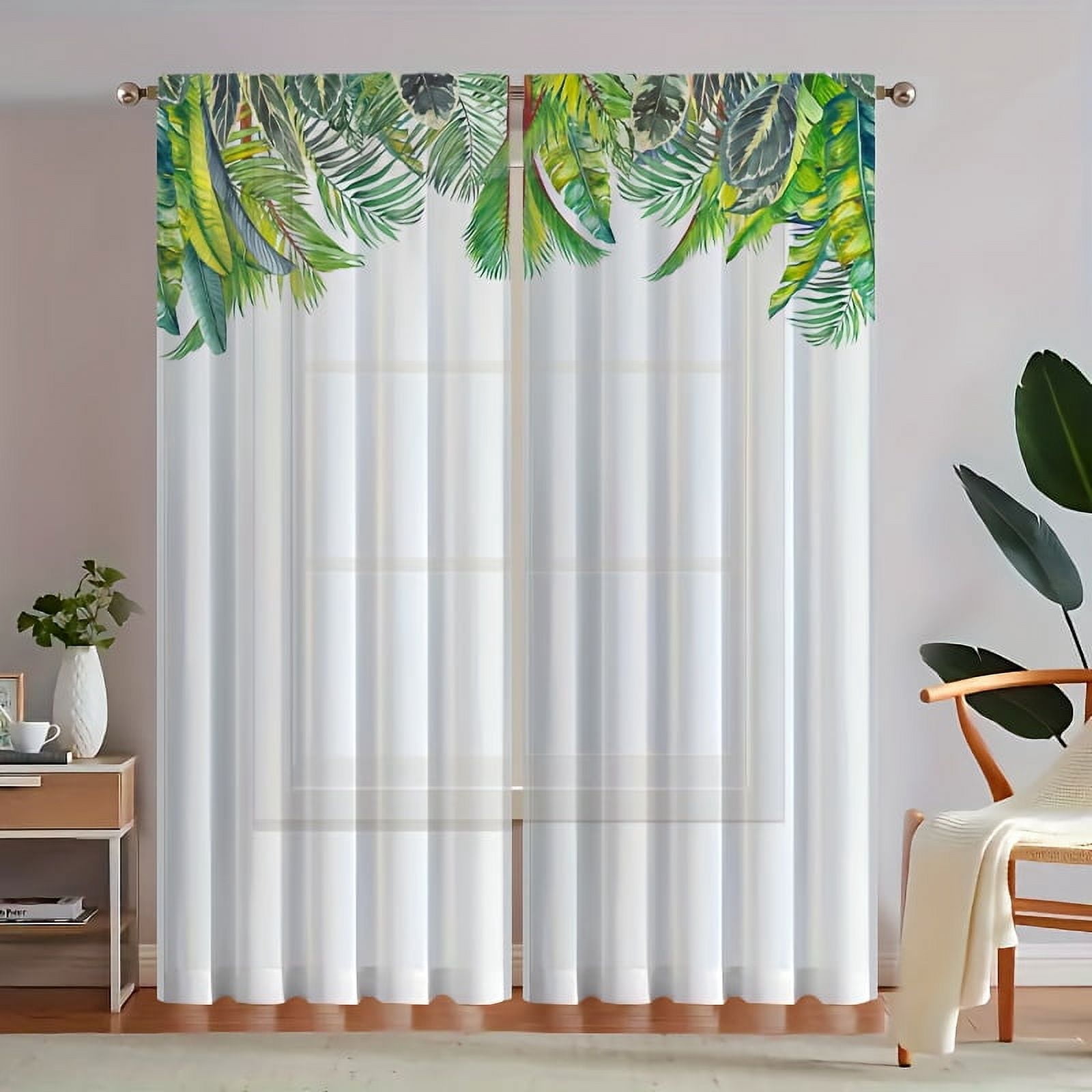 2pcs Greenery Vine Pattern Sheer Curtains Rod Pocket Window Drapes ...