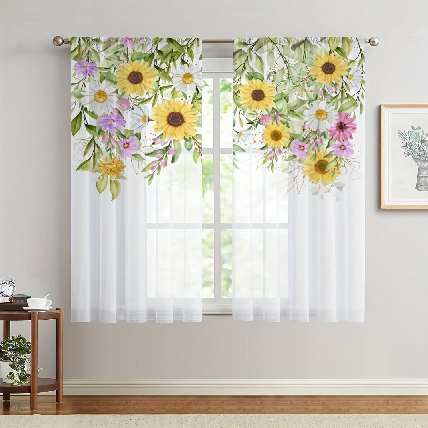 2pcs Greenery Vine Pattern Sheer Curtains Rod Pocket Window Drapes ...