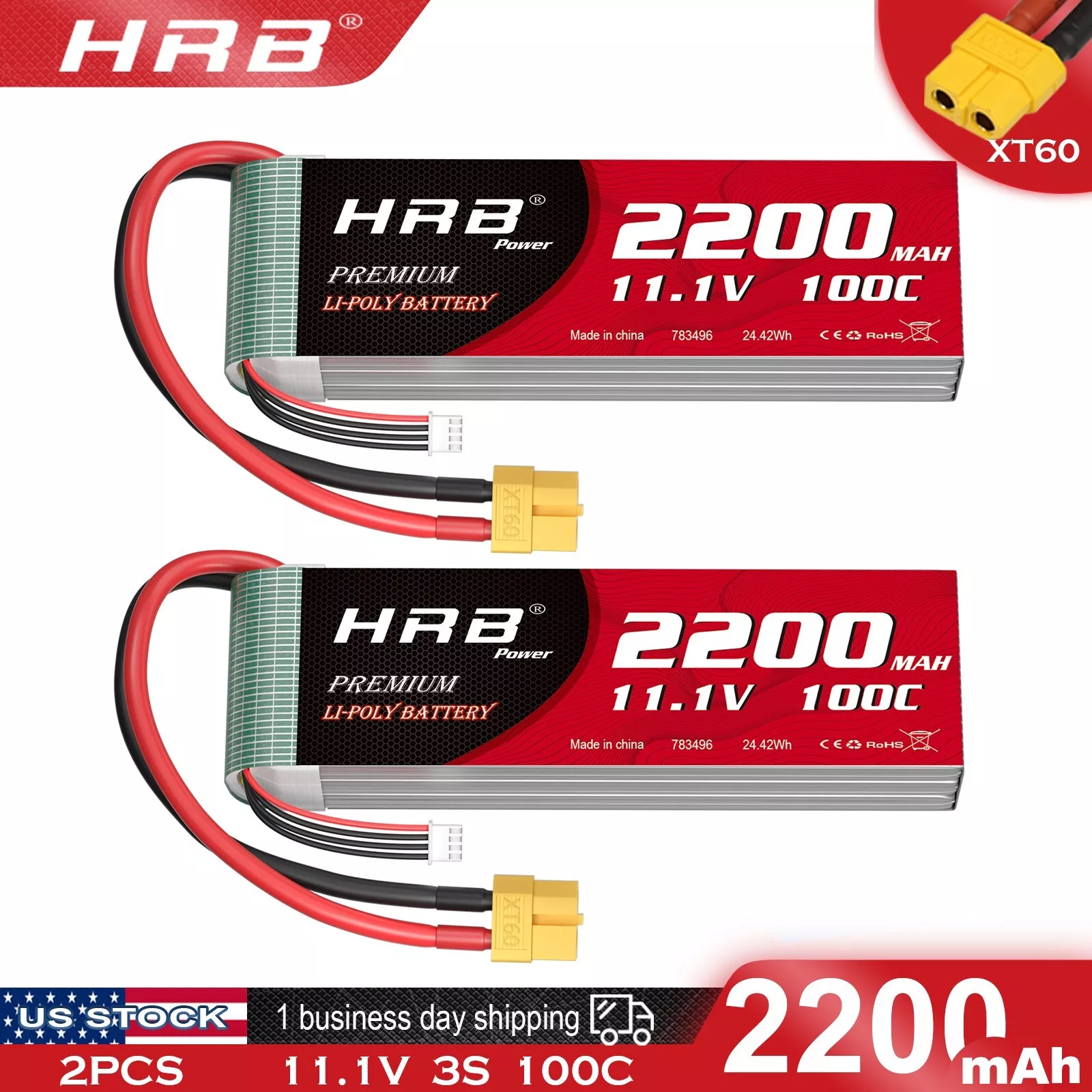 2pcs HRB 3S 11.1V 2200mAh XT60 LiPo Battery for RC Car Truck Racing Boat FPV Drone Plane ...