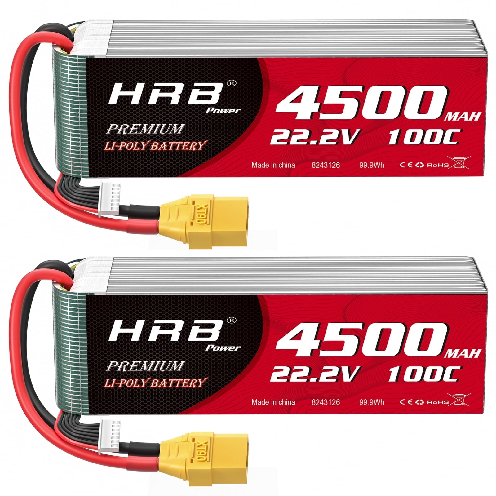2pcs HRB 6S 22.2V 4500mAh LiPo Battery XT90 for RC Helicopter Airplane ...