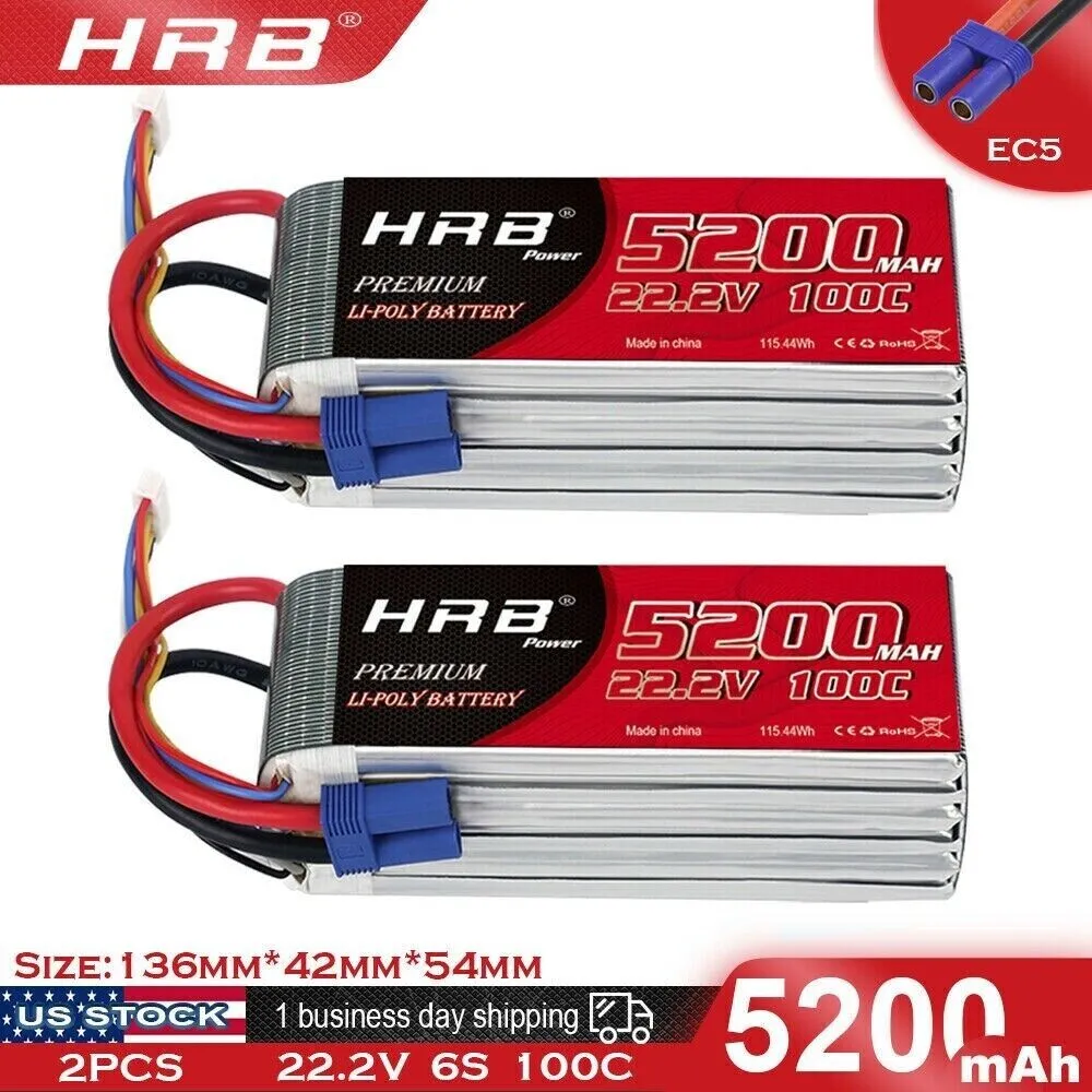 2pcs HRB 6S 5200mAh 22.2V LiPo Battery EC5 for RC Helicopter Airplane Drone Plane Truck ...