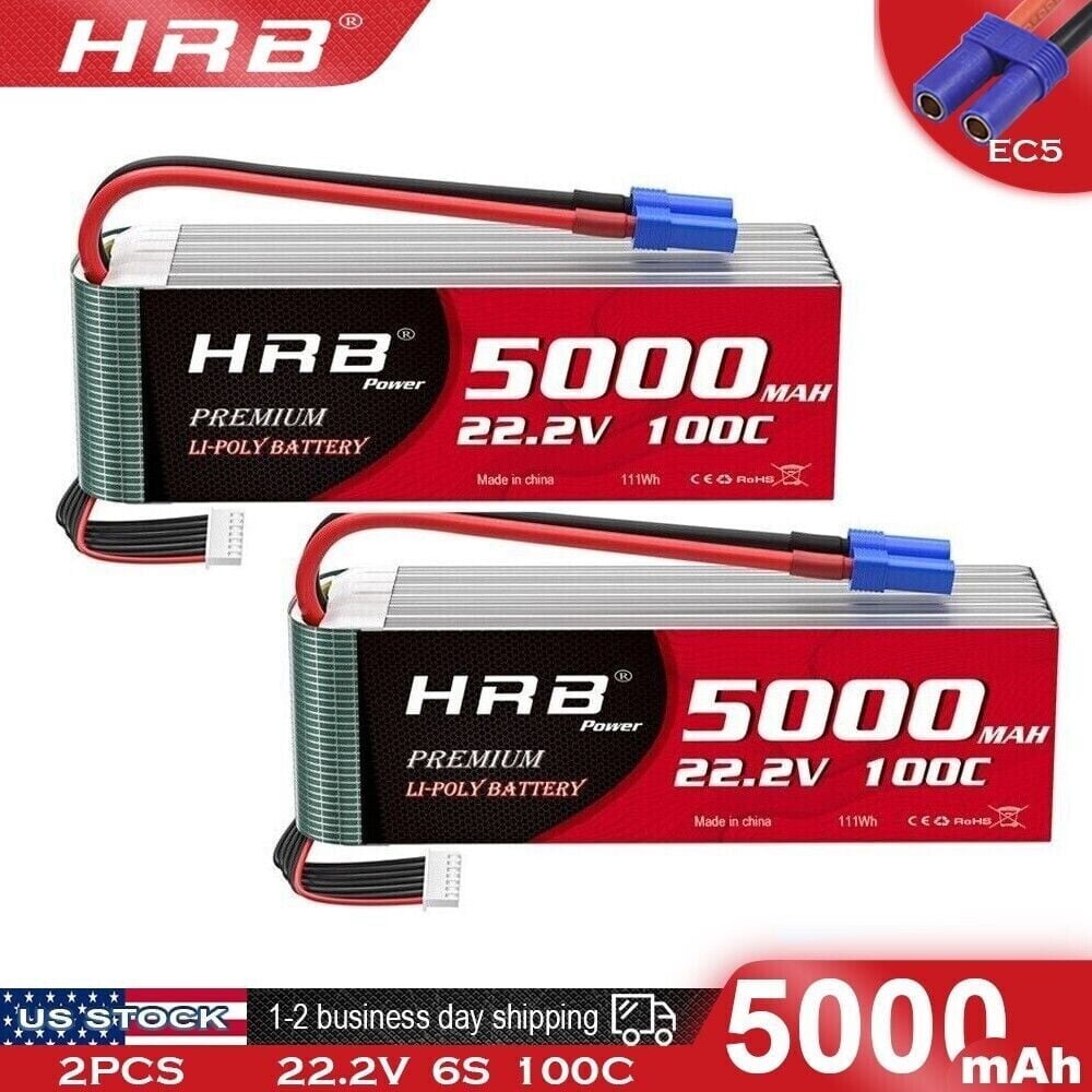 2pcs HRB 6S Lipo Battery 22.2V 100C 5000mAh Soft Case with EC5 for RC Car Truck Airplane ...