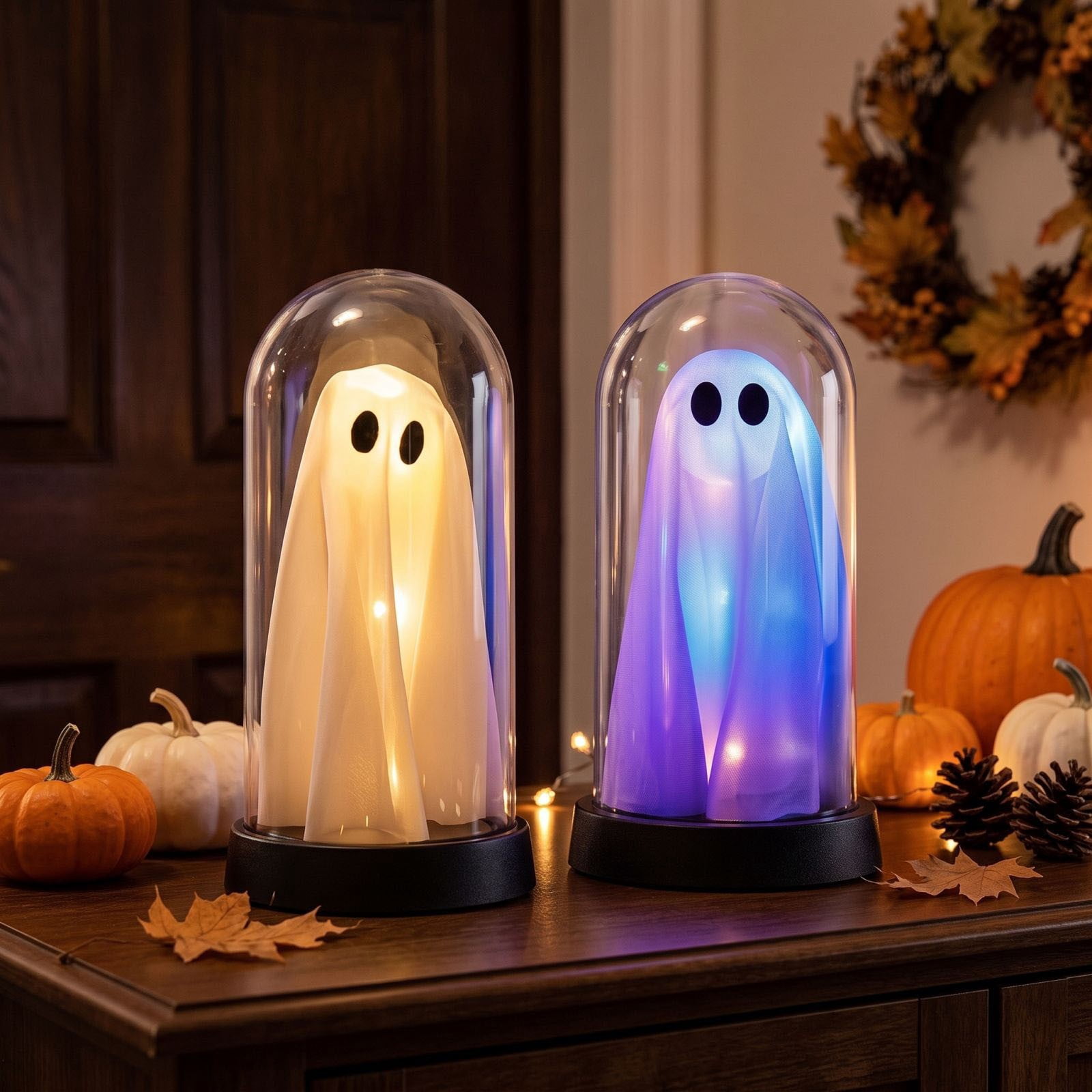 2pcs Halloween Ghost Cloche Night Light, Cute Fabric Ghost Dome Lamp ...